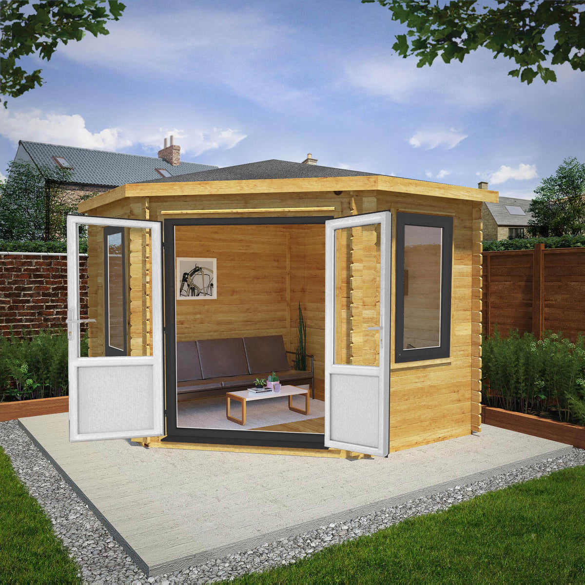 3m x 3m Corner Cabin - 44mm (UPVC Windows & Door) - Grey – Rogey