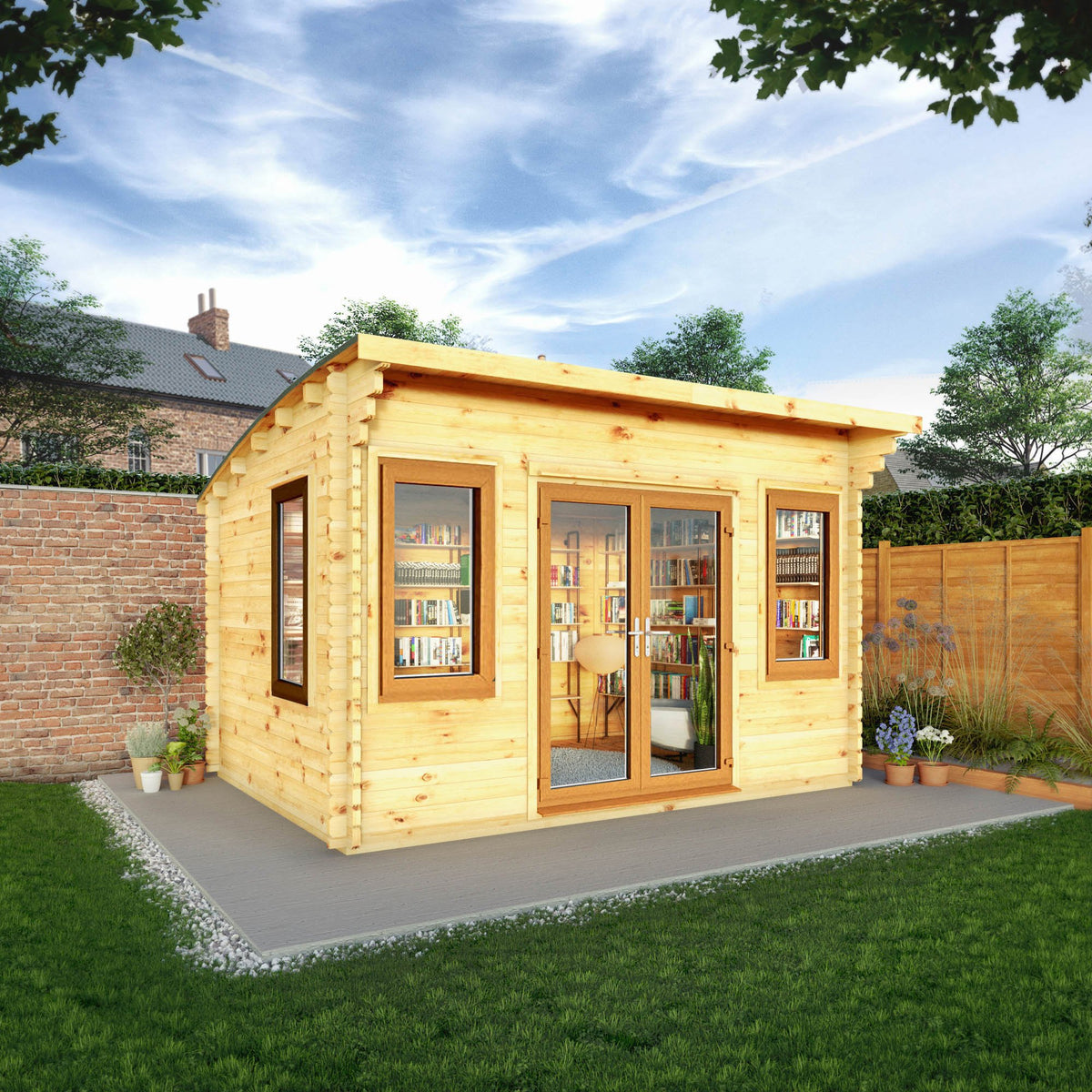 4m x 3m Curved Roof Log Cabin - 44mm (UPVC Windows & Door) - Oak – Rogey