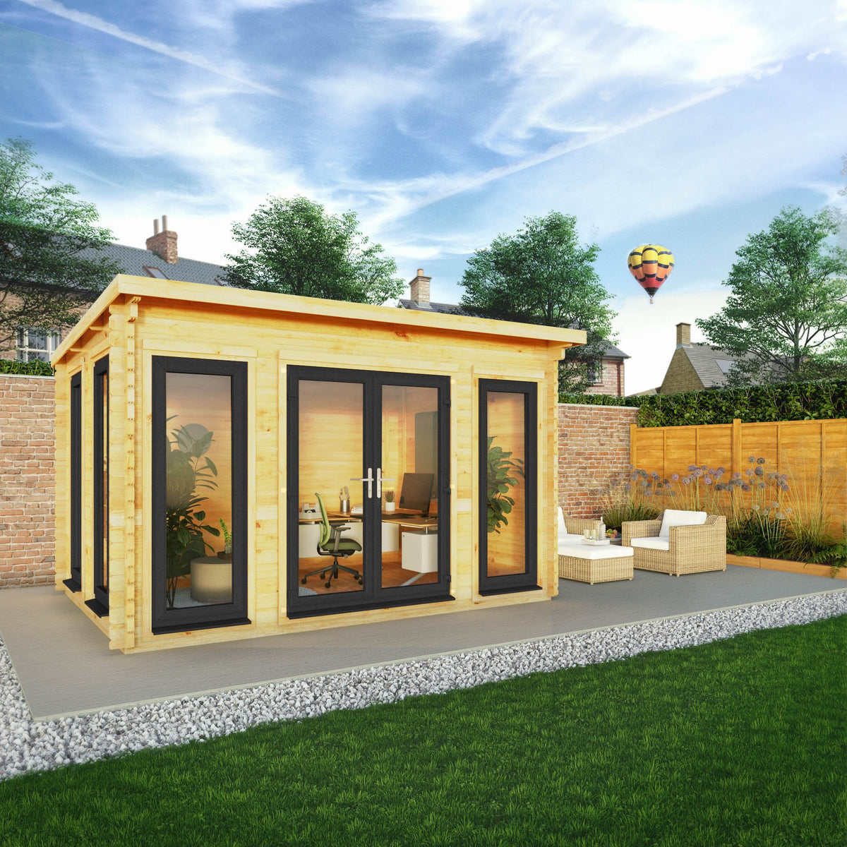 4m x 3m Studio Pent Log Cabin - 44mm (UPVC Windows & Door) - Grey – Rogey