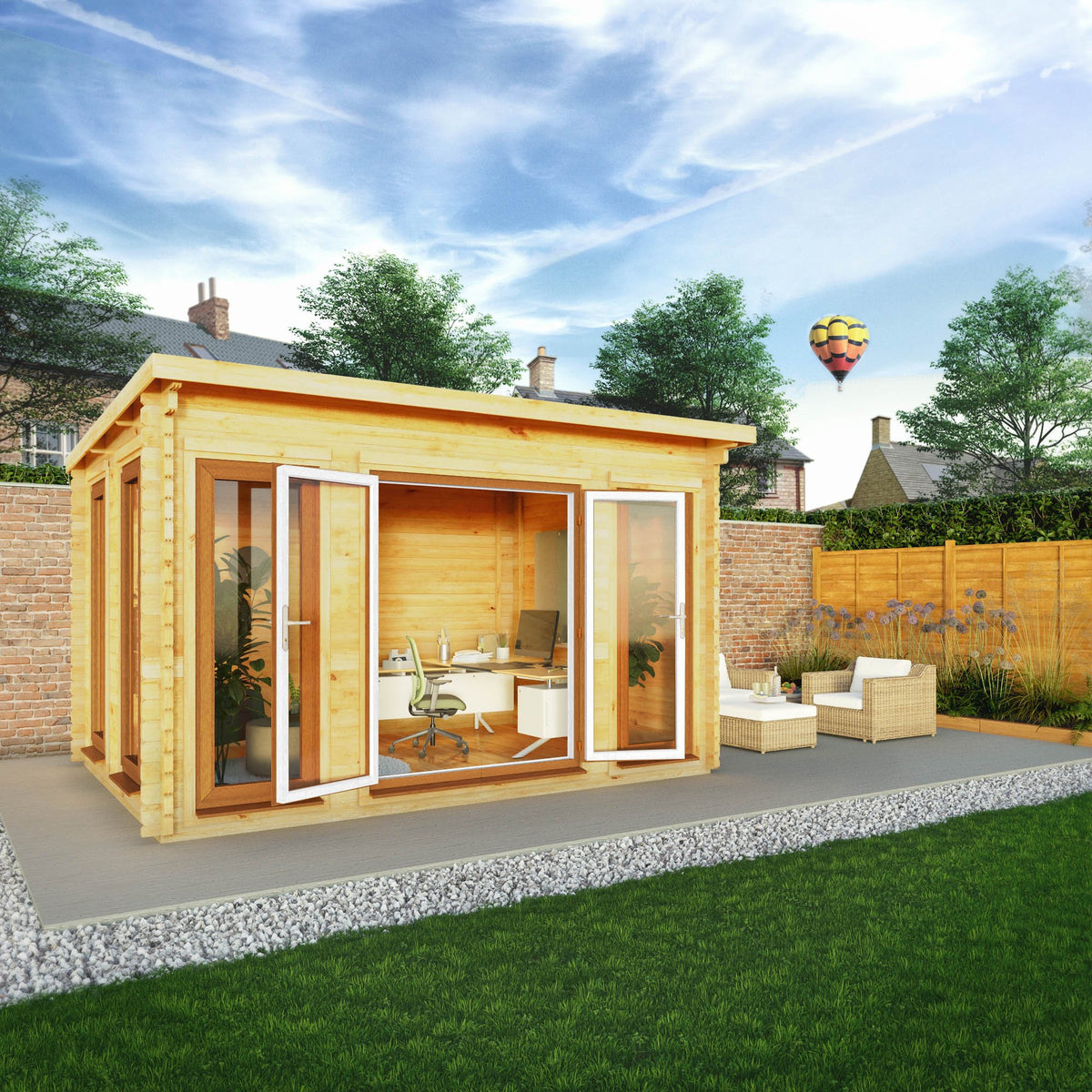 4m x 3m Studio Pent Log Cabin - 44mm (UPVC Windows & Door) - Oak – Rogey