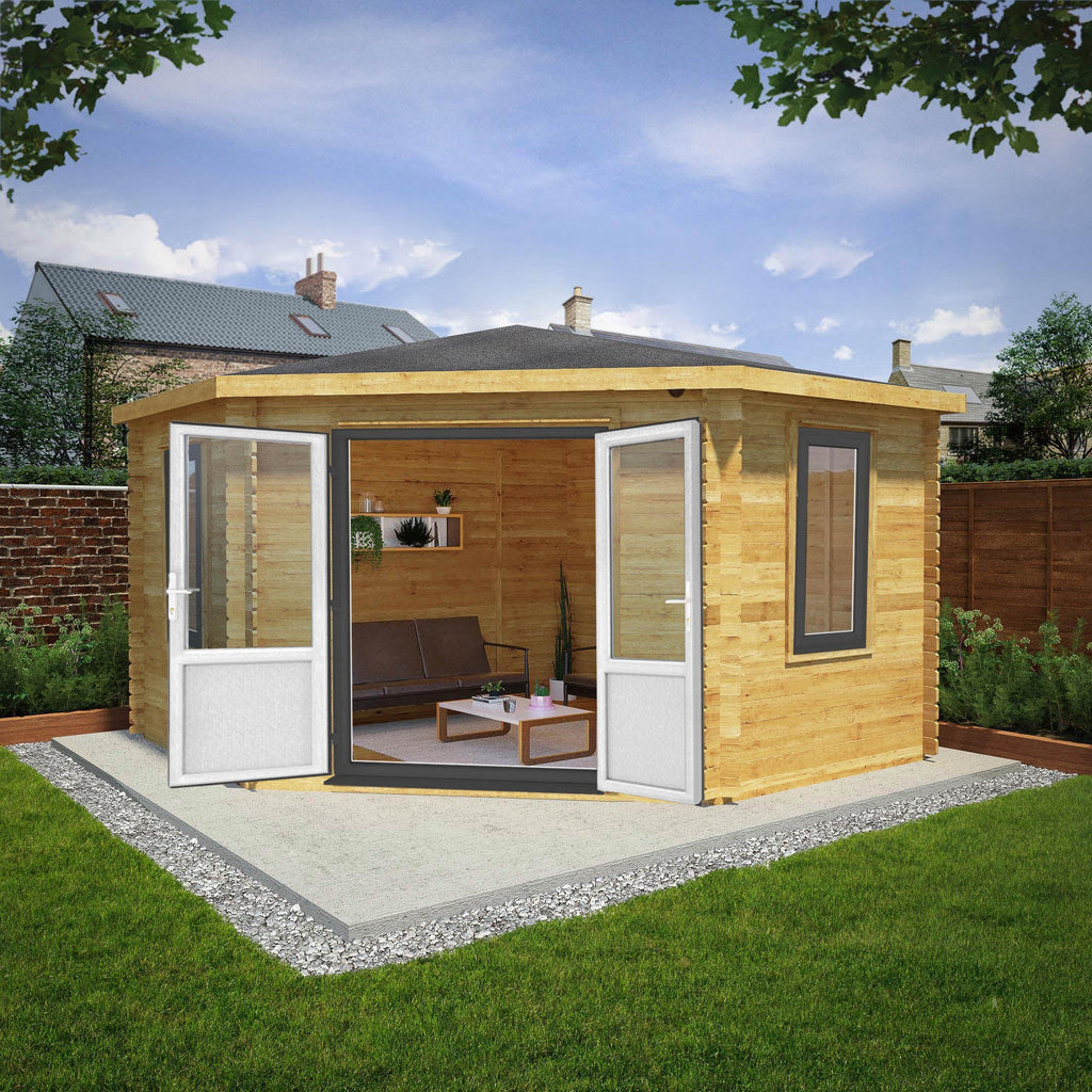 Home 4m x 4m Corner Cabin - 44mm (UPVC Windows & Door) - Grey