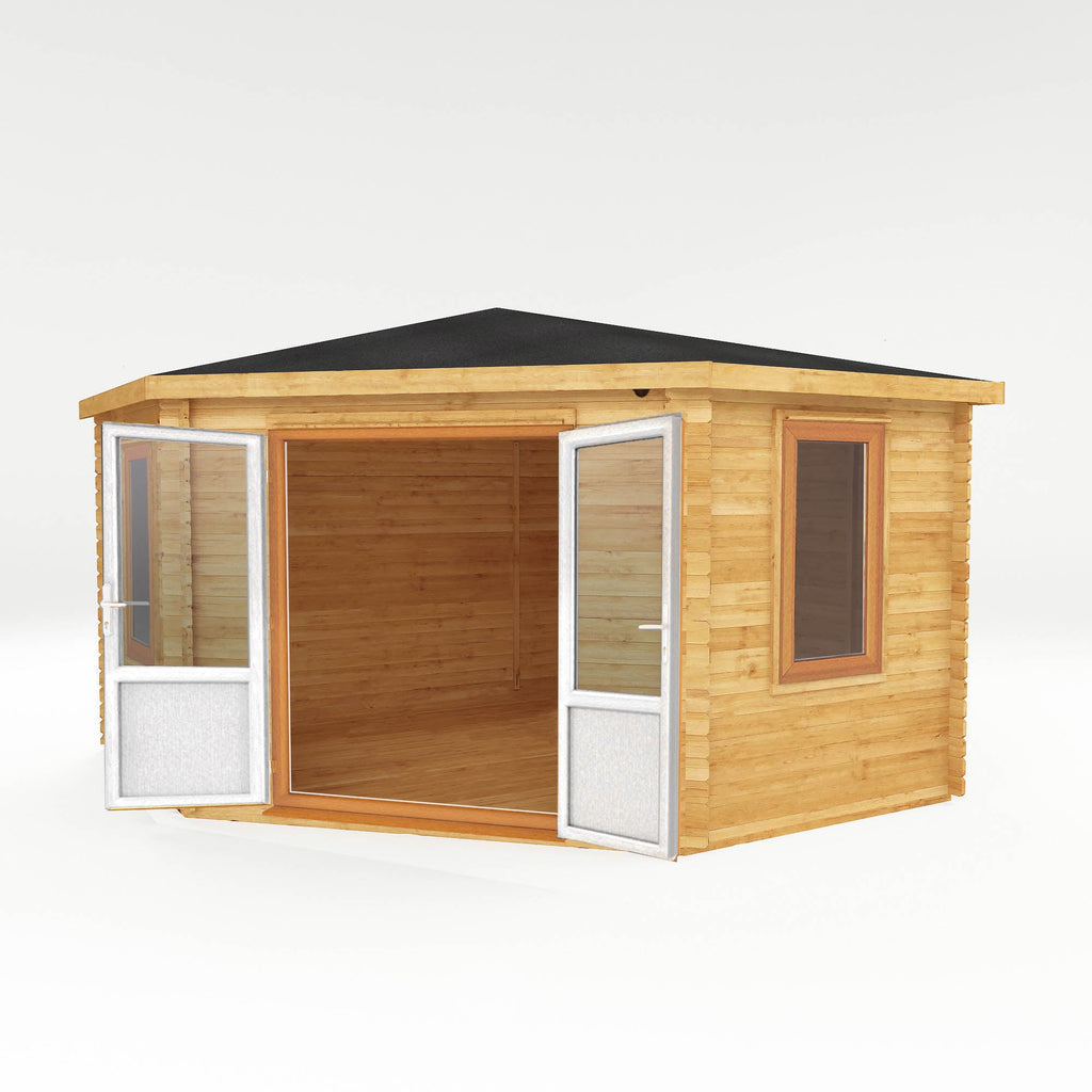 4m x 4m Corner Cabin - 44mm (UPVC Windows & Door) - Oak