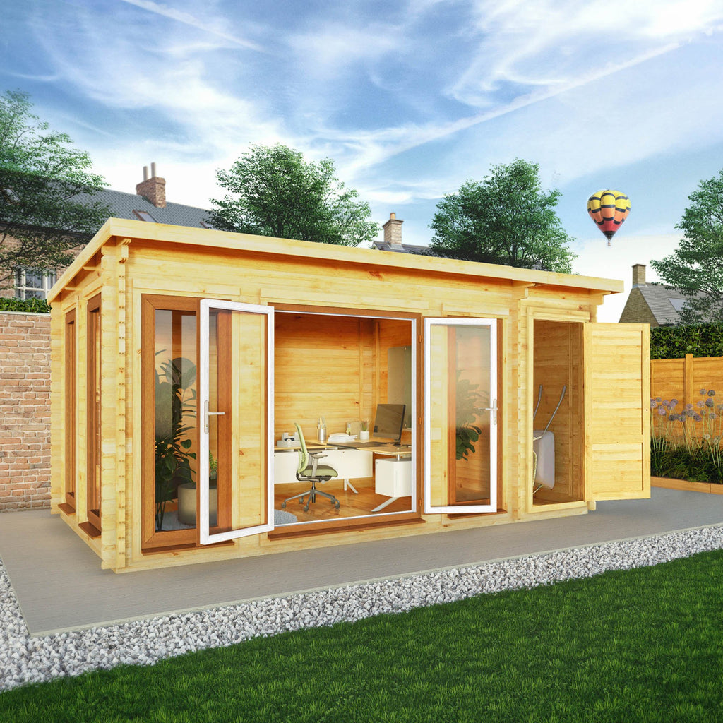 5.1m x 3m Studio Pent Log Cabin With Side Shed - 44mm (UPVC Windows ...