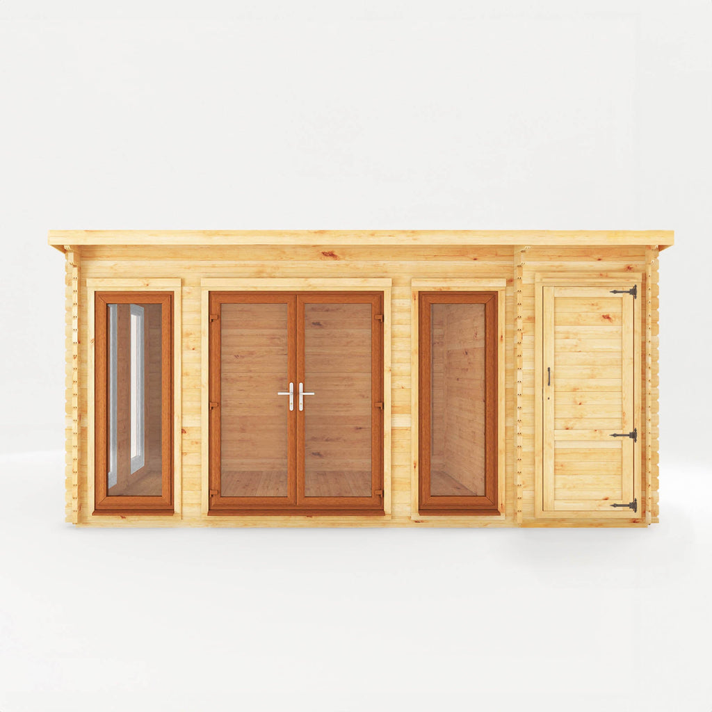 5.1m x 3m Studio Pent Log Cabin With Side Shed - 44mm (UPVC Windows ...