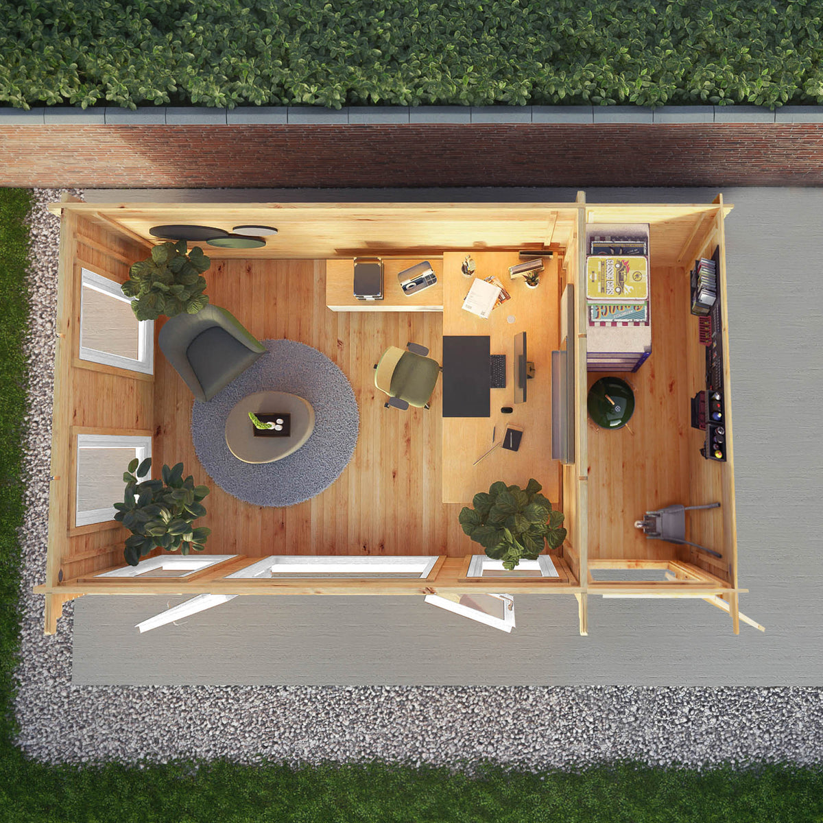 5.1m x 3m Studio Pent Log Cabin With Side Shed - 44mm (UPVC Windows ...