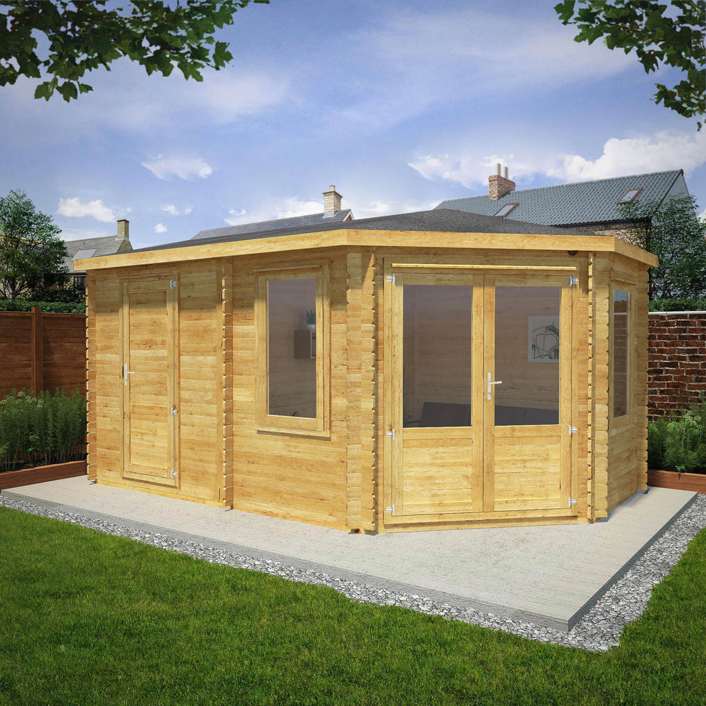 Home 5m x 3m Corner Lodge Log Cabin With Side Shed - 34mm