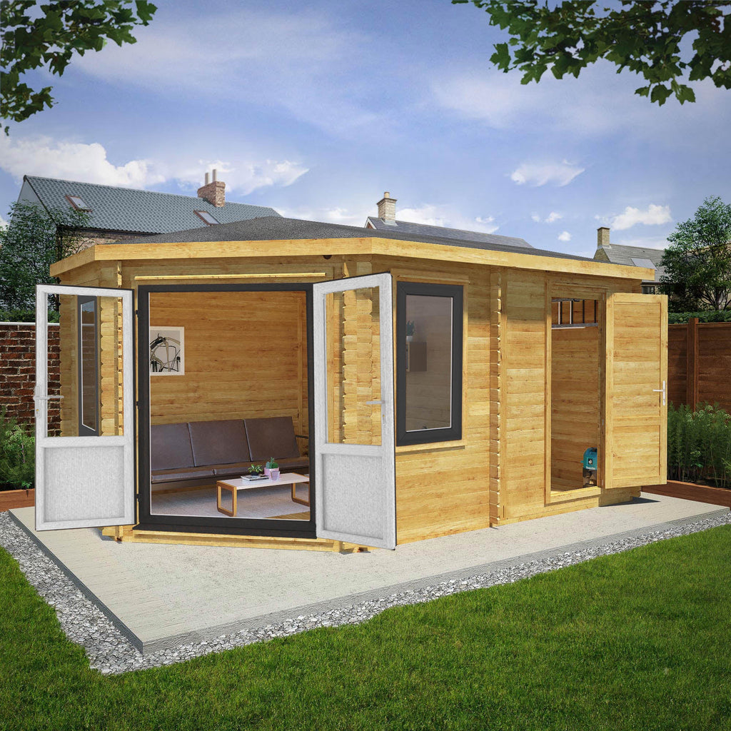 Home 5m x 3m Corner Lodge Log Cabin With Side Shed - 44mm (UPVC Windows ...