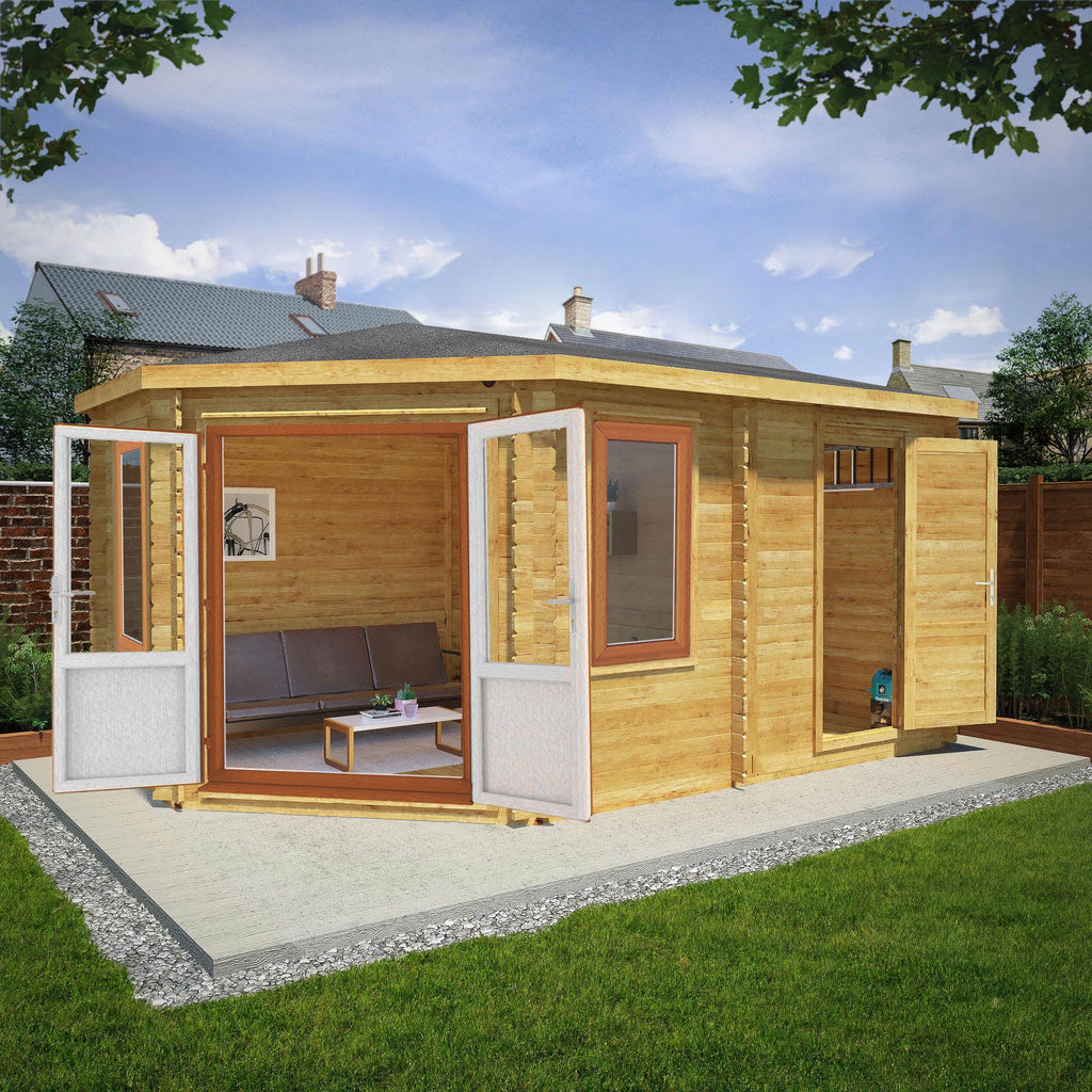 Home 5m x 3m Corner Lodge Log Cabin With Side Shed - 44mm (UPVC Windows ...