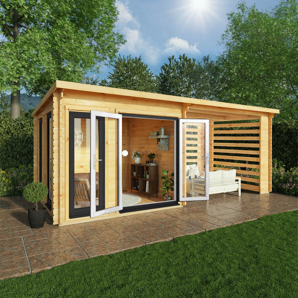 Home 6m x 3m Studio Pent Log Cabin With Slatted Area - 44mm (UPVC ...
